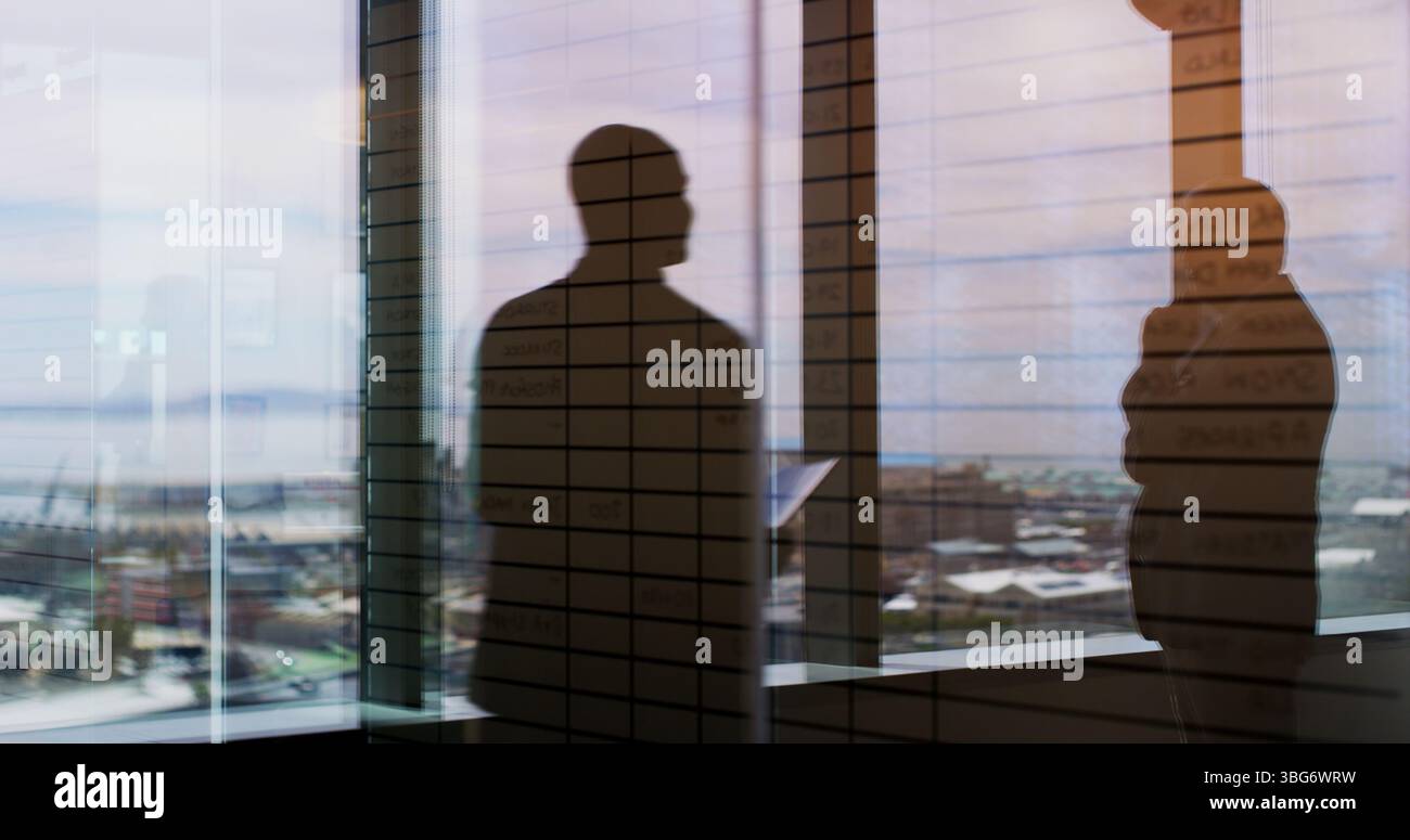 Business people, silhouette and window with reflection on balcony for ...