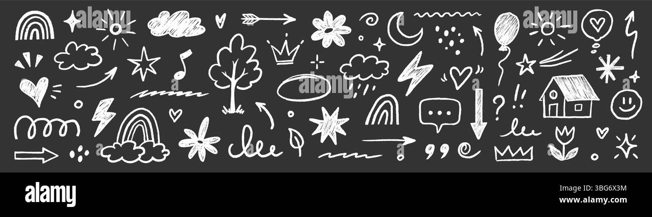 Hand drawn crayon chalk icon set. Cute flower, heart, cloud, star ...