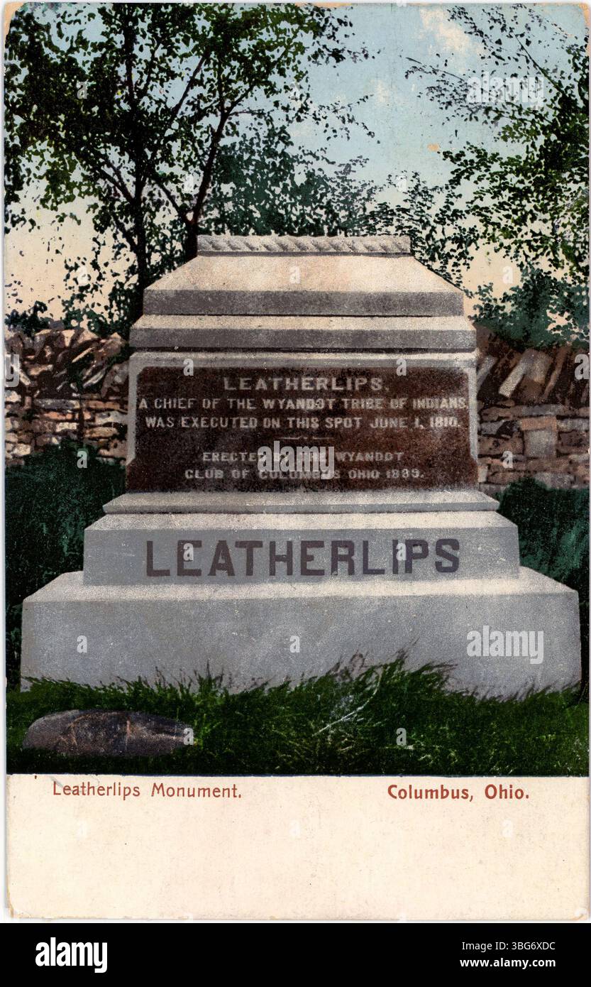 A color postcard of the Leatherlips Monument along Riverside Drive in ...