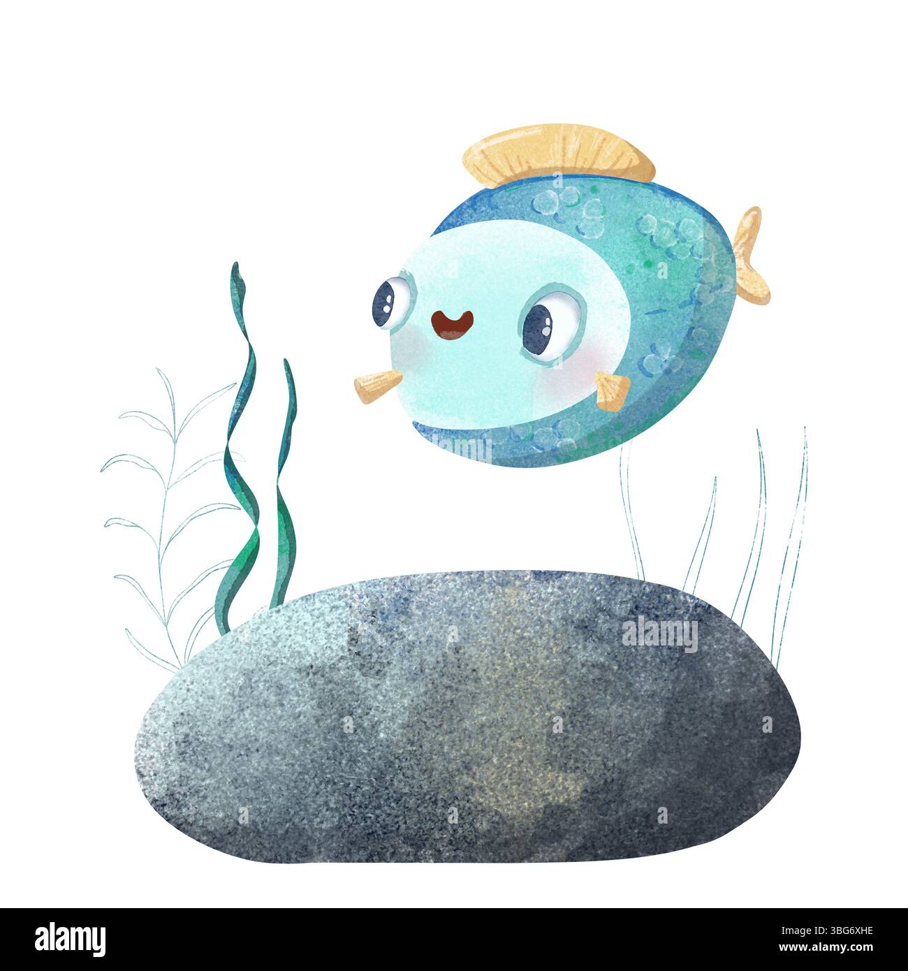 Cute turquoise fish with bubbles, seaweed, and rocks in a watercolor ...