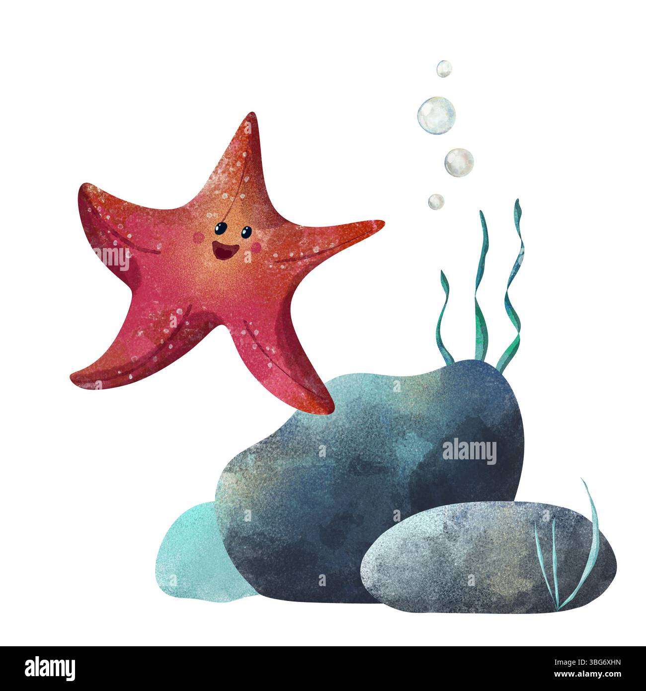 Cheerful red starfish with bubbles, seaweed, and rocks in a watercolor ...