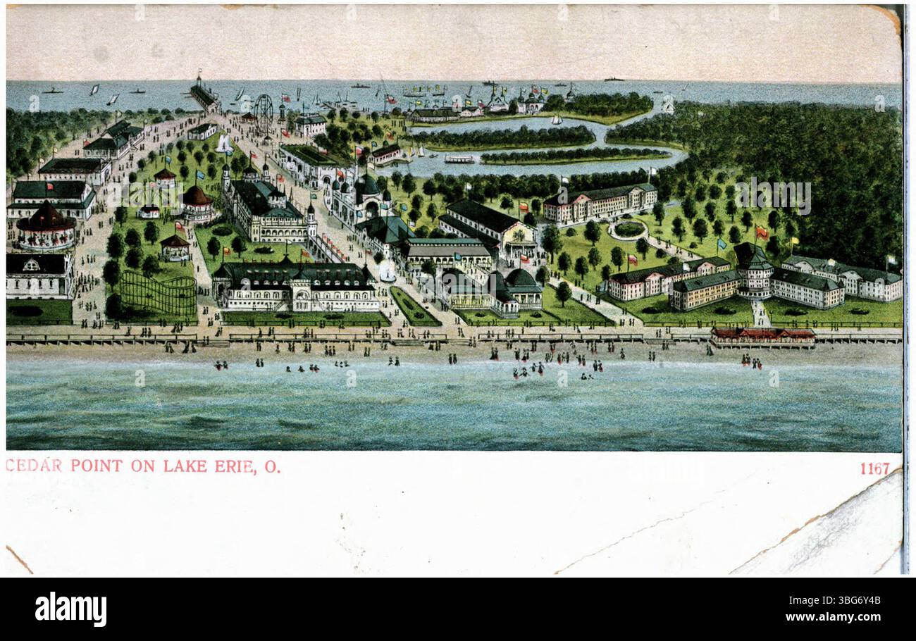 Aerial view of Cedar Point on Lake Erie, showcasing the Breakers Hotel ...