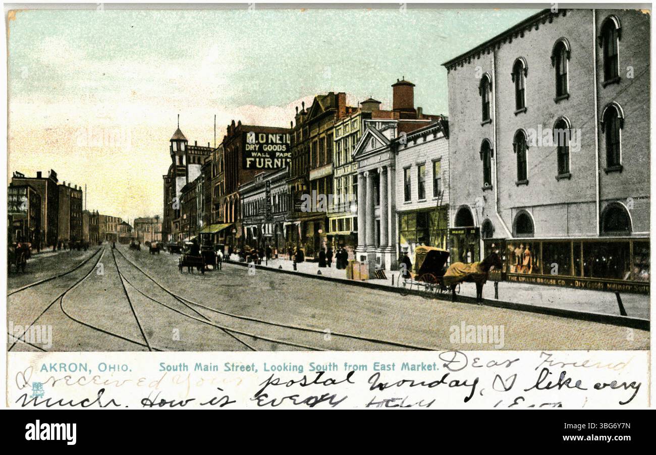 A 1907 street view of South Main Street from East Market shows ...