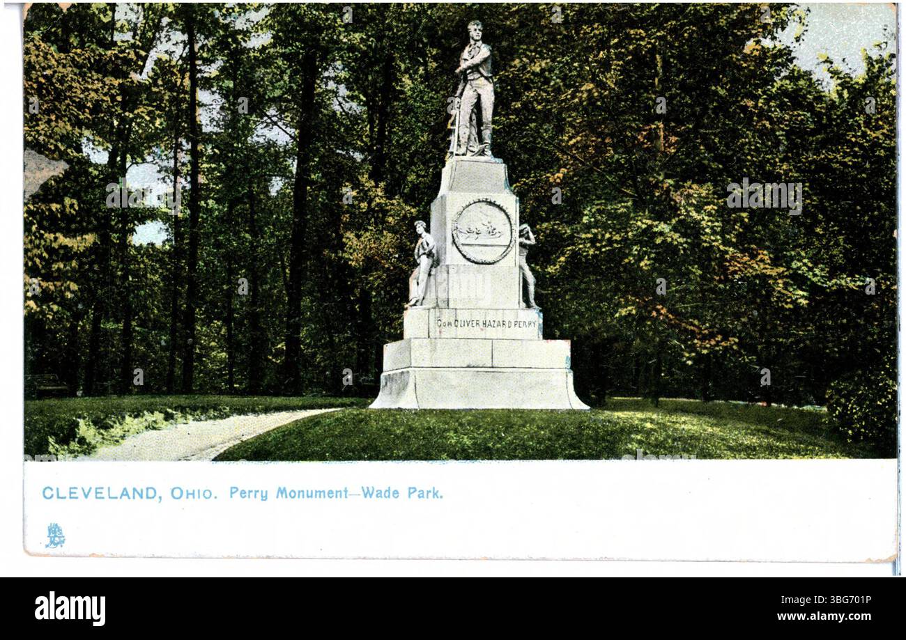 This 1907 image shows the Perry Monument in Wade Park, Cleveland, Ohio ...