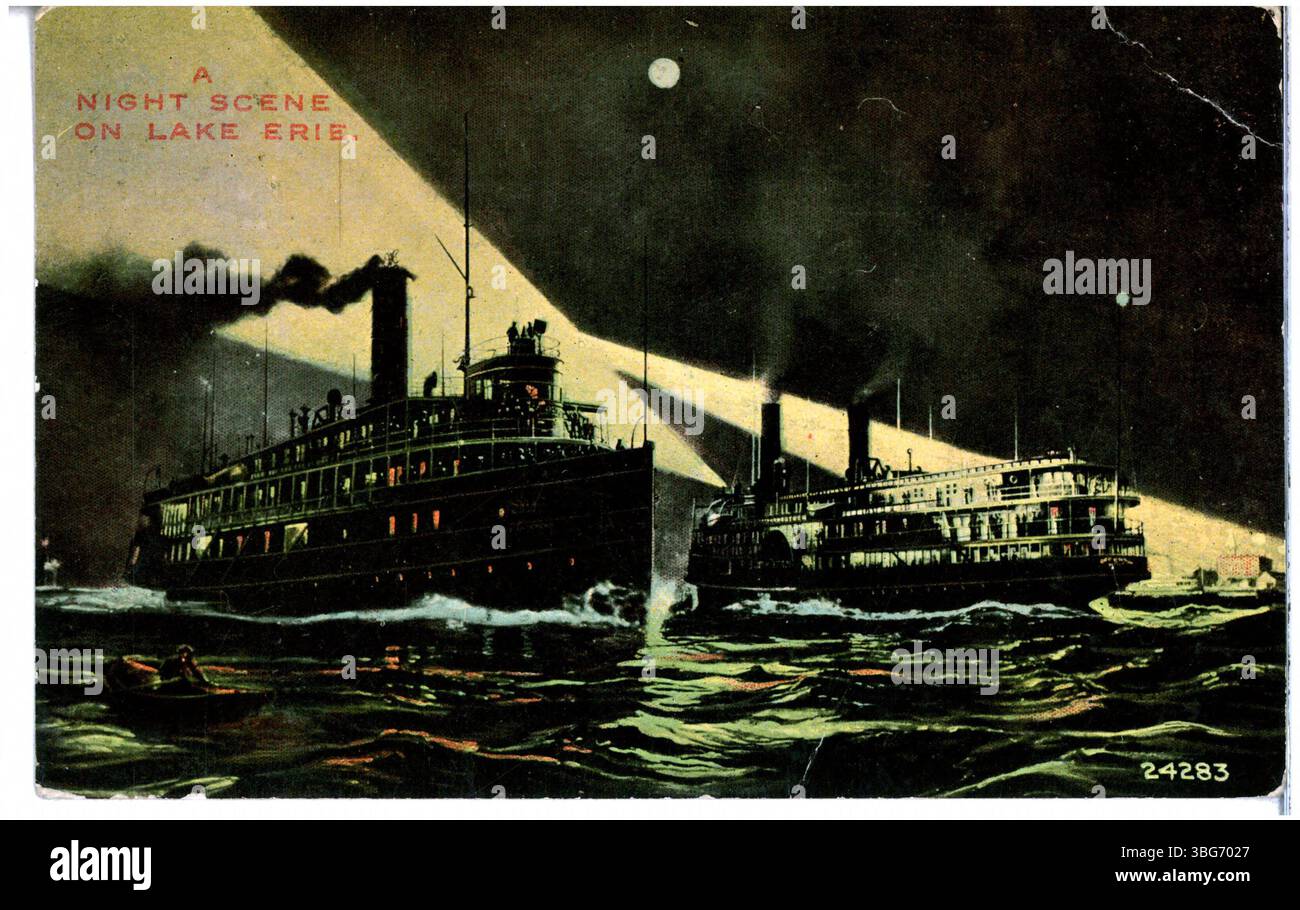 This 1912 image captures two excursion boats on Lake Erie at night ...
