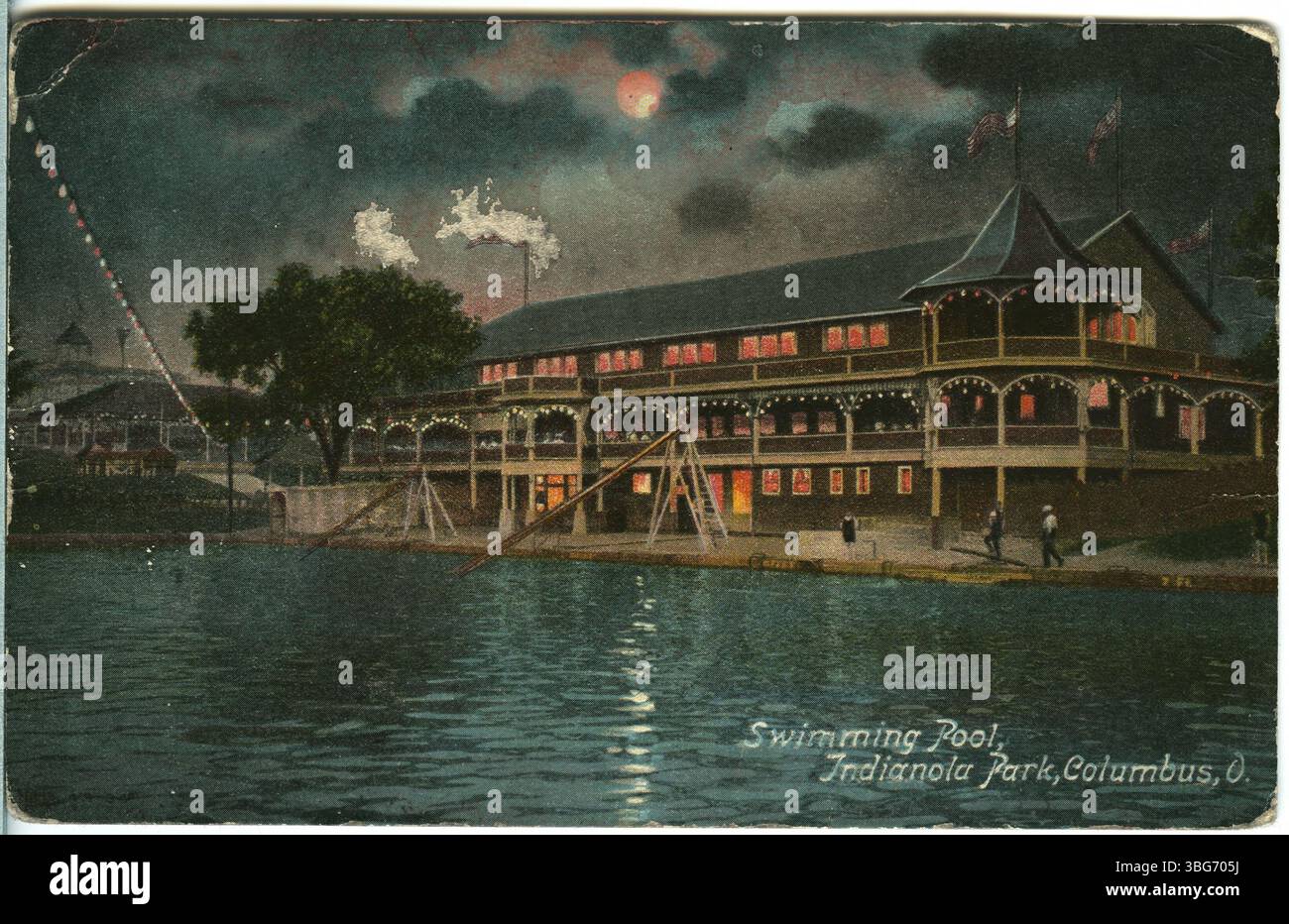 A colorized nocturnal photograph of the swimming pool at Indianola Park ...