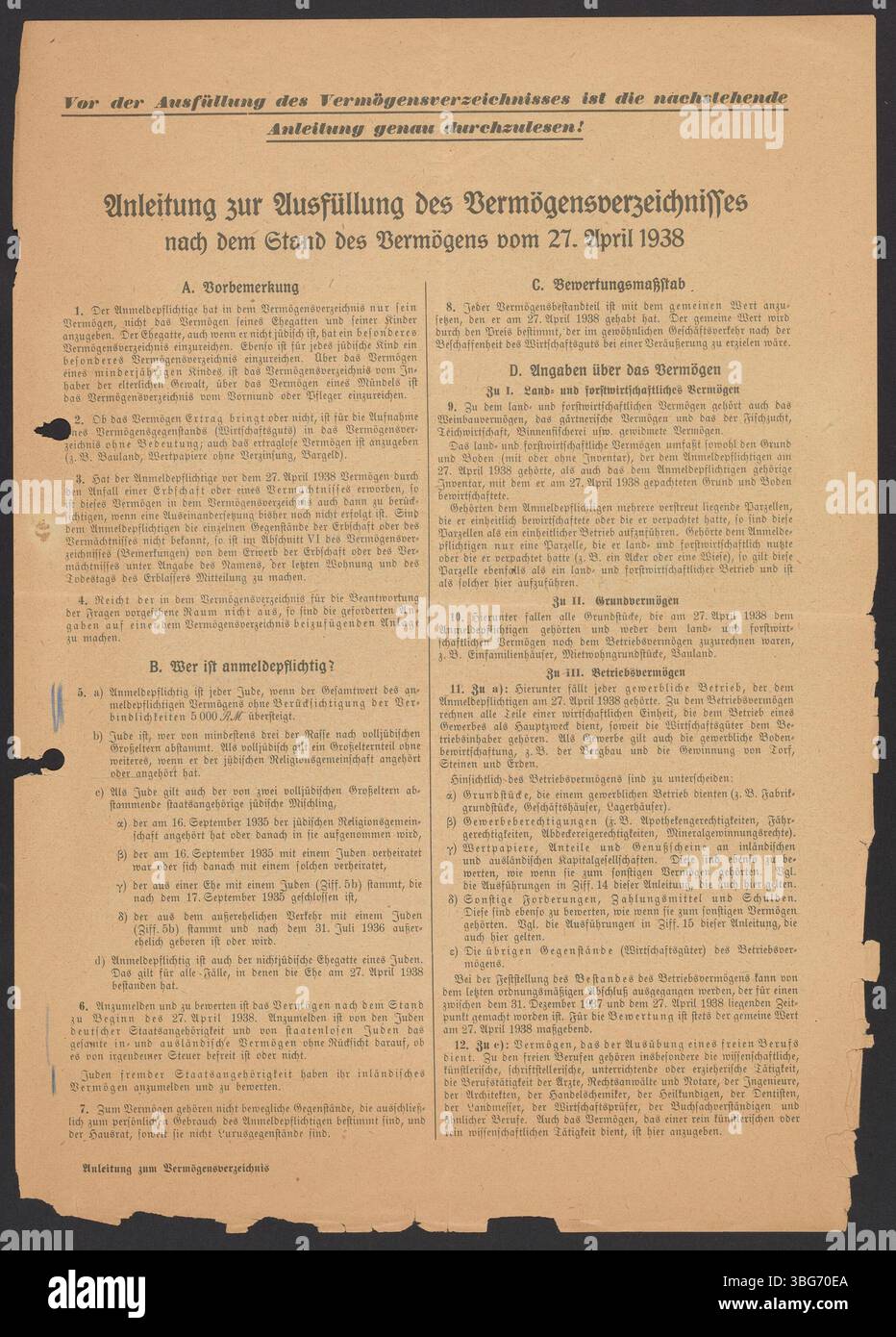 Instruction sheet from 1938 regarding the payment of the Jewish ...