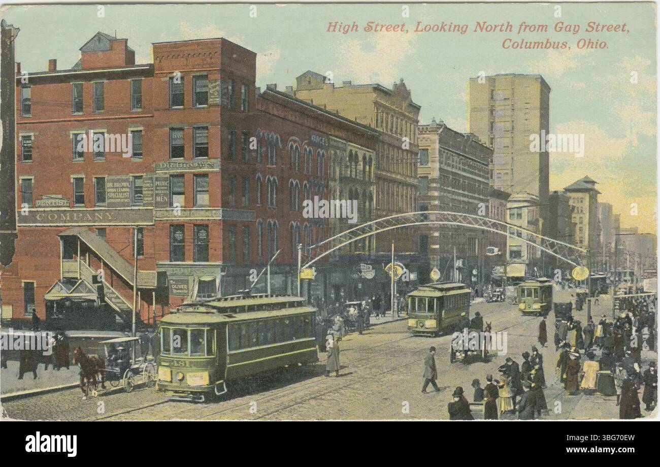 A 1910 colorized postcard of North High Street in Columbus, Ohio ...