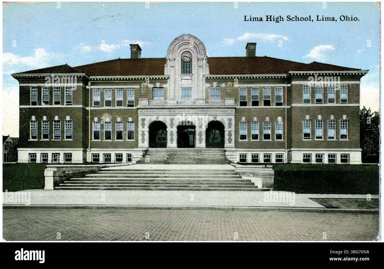 A 1912 color print of Lima High School in Lima, Ohio, showcasing the ...