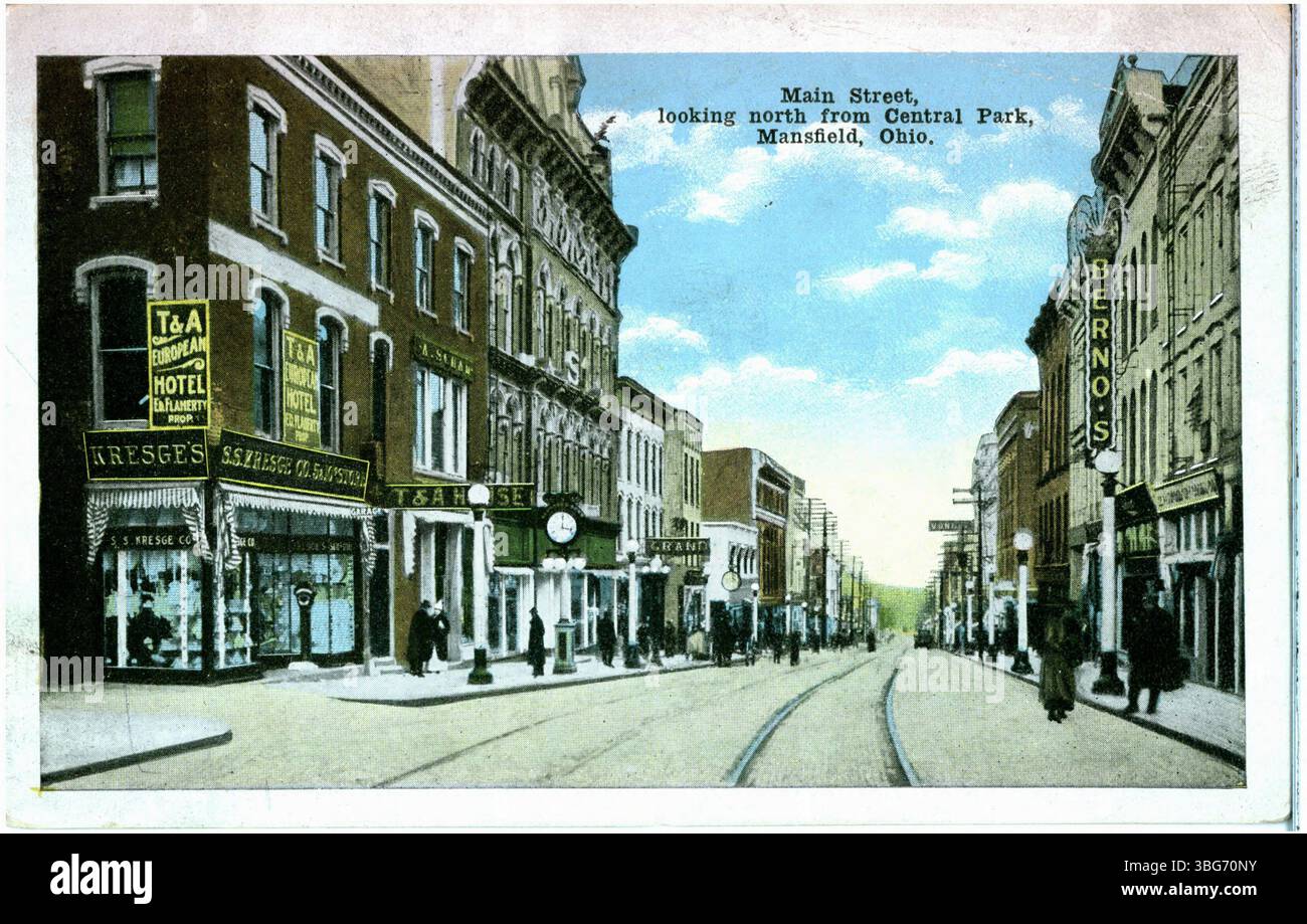 This 1922 colored print shows Main Street in Mansfield, Ohio, looking ...
