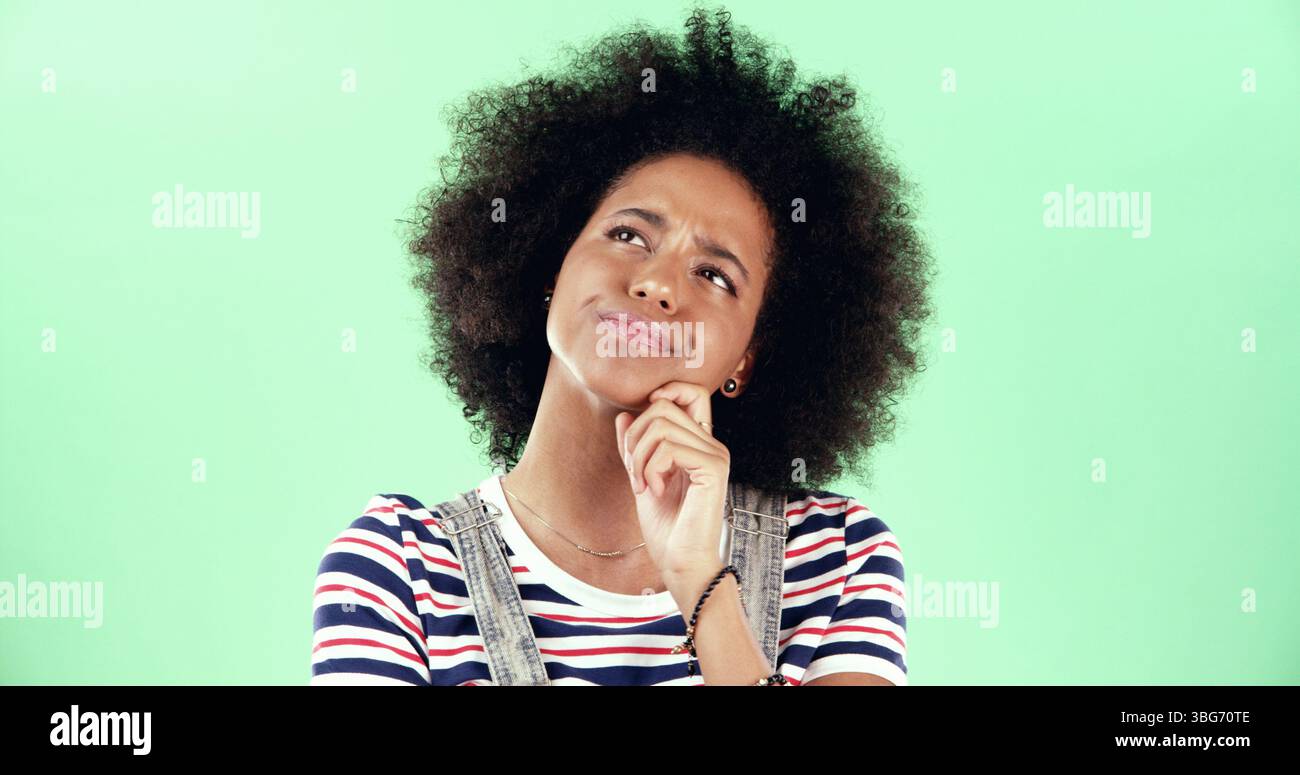 Black woman, thinking and green screen for choice, question and ...