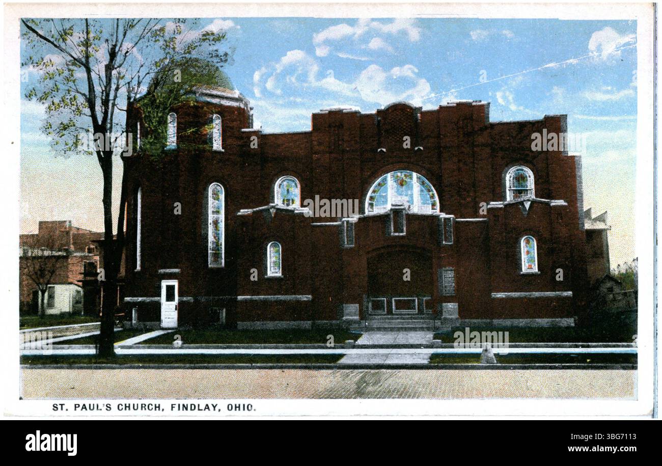 A 1923 color postcard showing St. Paul's Church, a red brick building ...