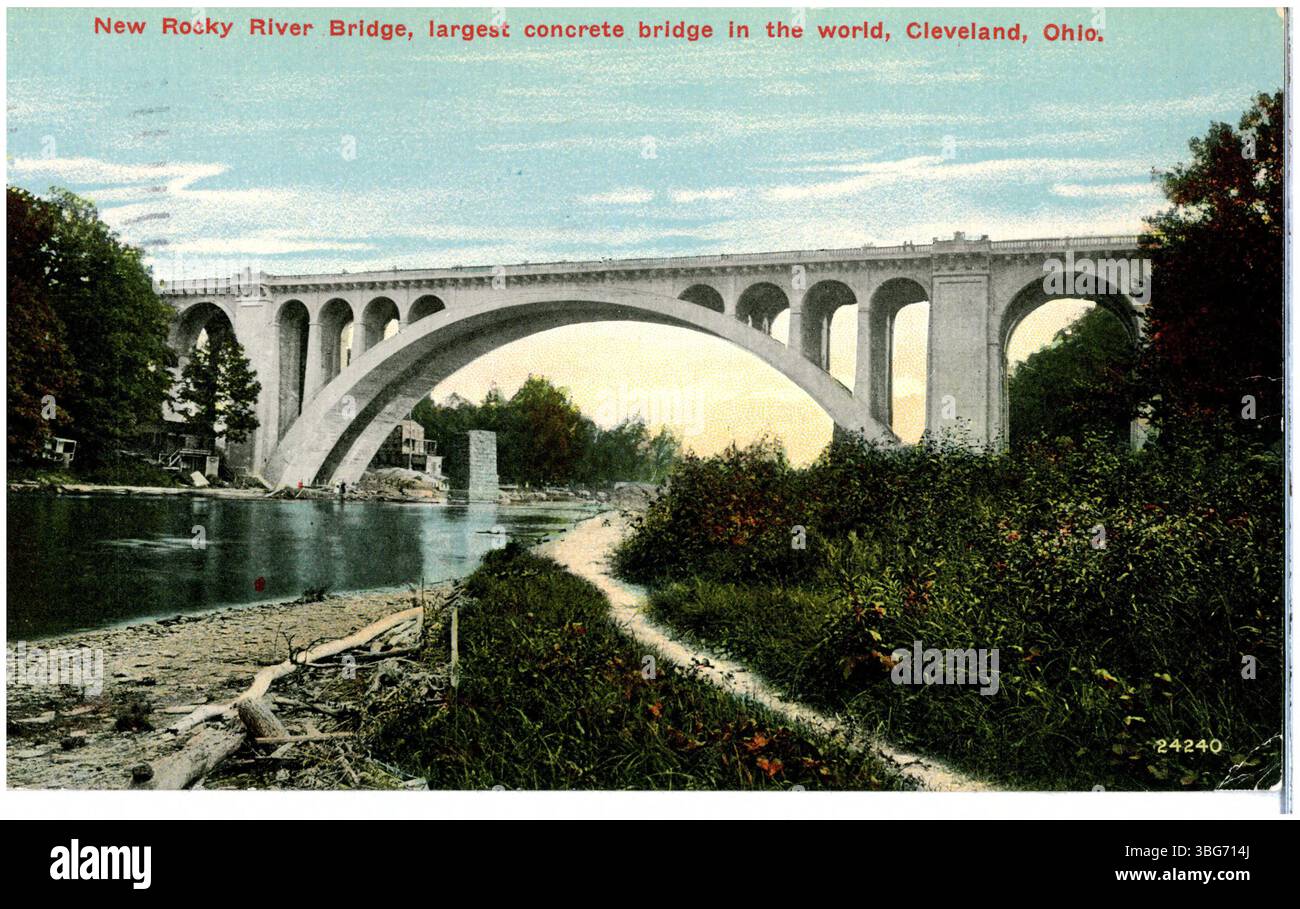 This 1912 view shows the New Rocky River Bridge in Cleveland, Ohio, the ...