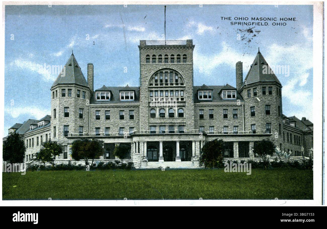 A 1915 colored photograph of the Ohio Masonic Home in Springfield, Ohio, showing the large stone ...