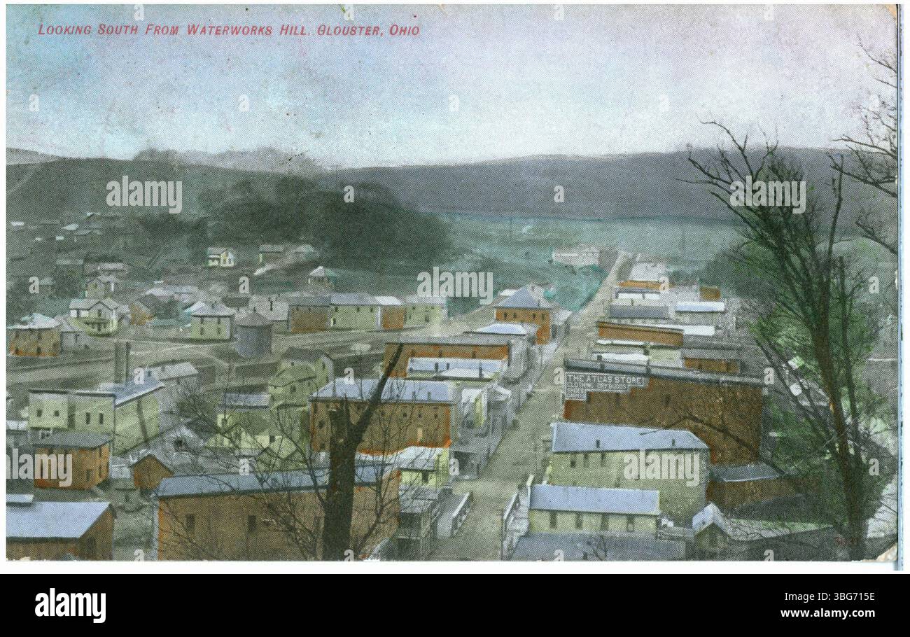 A 1910 elevated view looking south over Glouster, Ohio, showing the ...