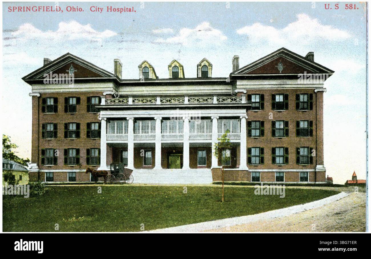 A colored print from 1908 showing the City Hospital in Springfield ...