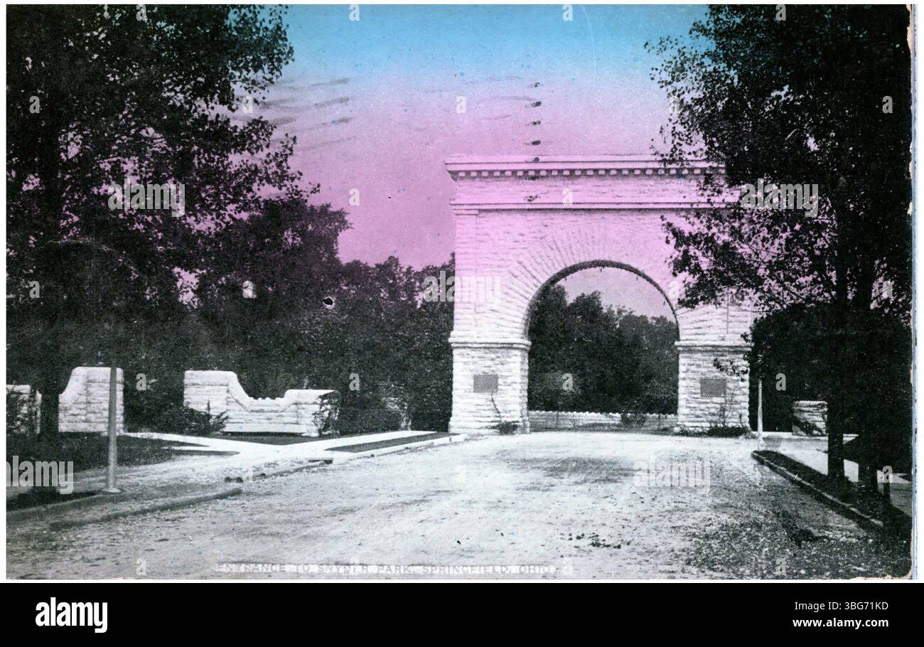 A tinted 1910 photograph capturing the large stone arch at the entrance ...