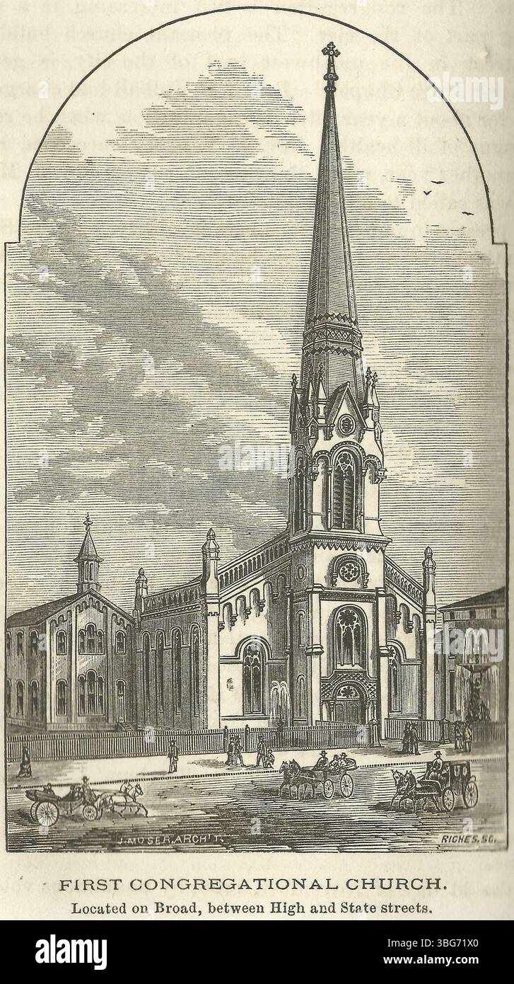 This 1873 black and white illustration shows the First Congregational ...