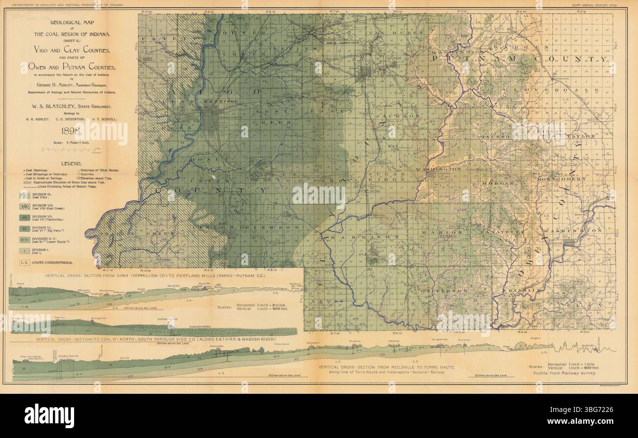 This 1898 geological map depicts the coal region in parts of Vigo, Clay ...