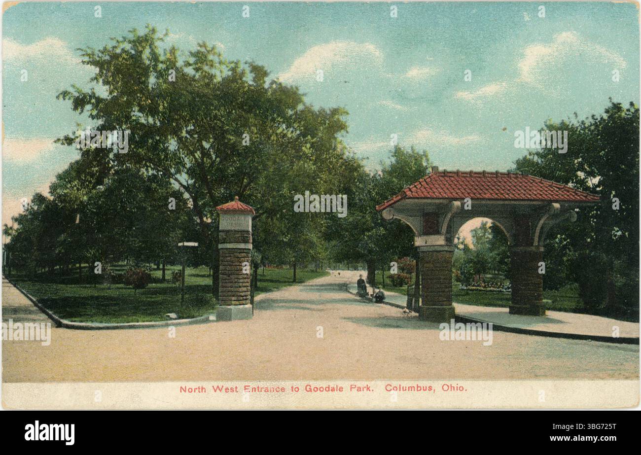 A color postcard showcasing the northwest entrance to Goodale Park in ...
