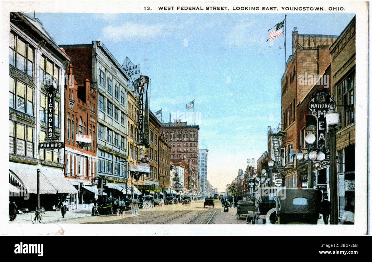 A 1924 color print of West Federal Street in Youngstown, Ohio, showing ...