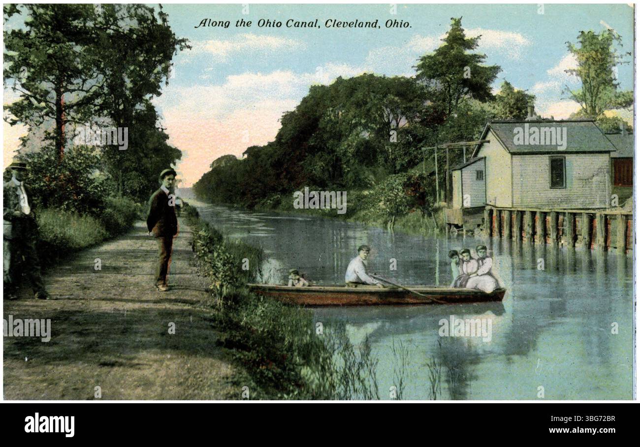 View along the Ohio Canal in Cleveland, Ohio, featuring the towpath and ...