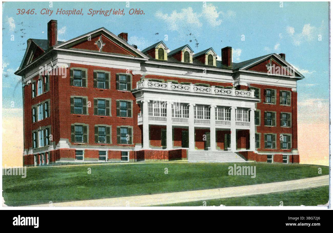 A colored print from 1911 of City Hospital in Springfield, Ohio ...