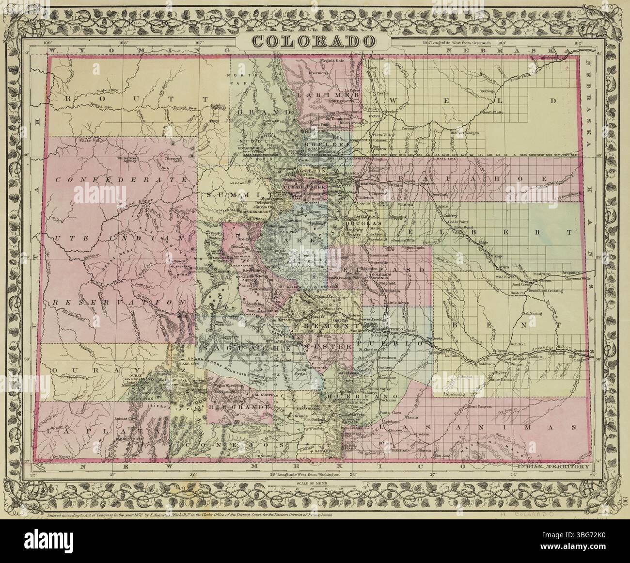 A 19th-century map of Colorado by Samuel Augustus Mitchell, showing ...