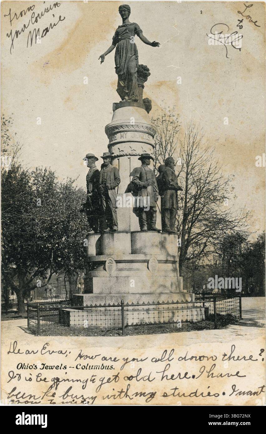 A black and white postcard of the 'These Are My Jewels' monument on the ...