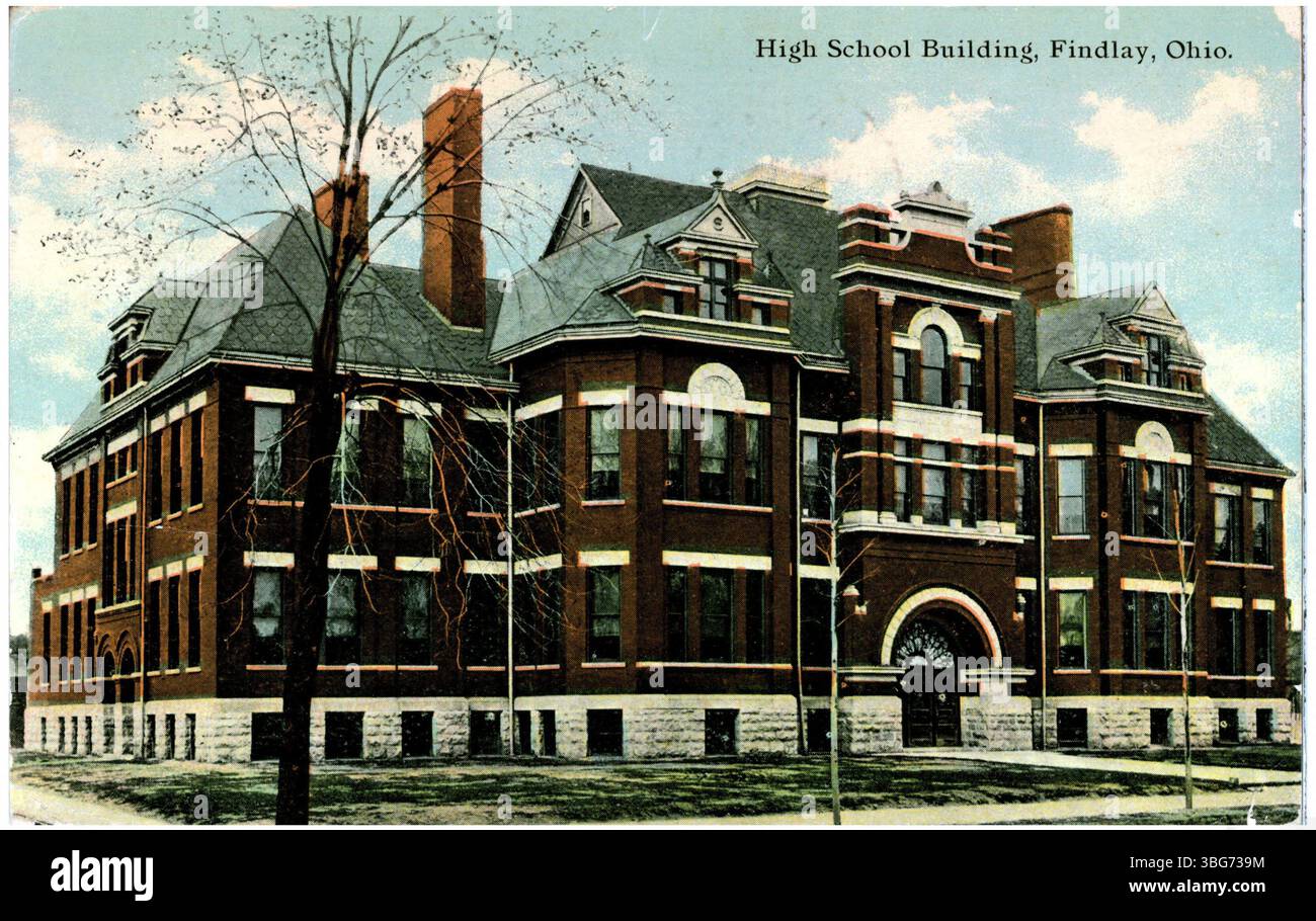 Color postcard from 1911 of an early high school building in Findlay ...