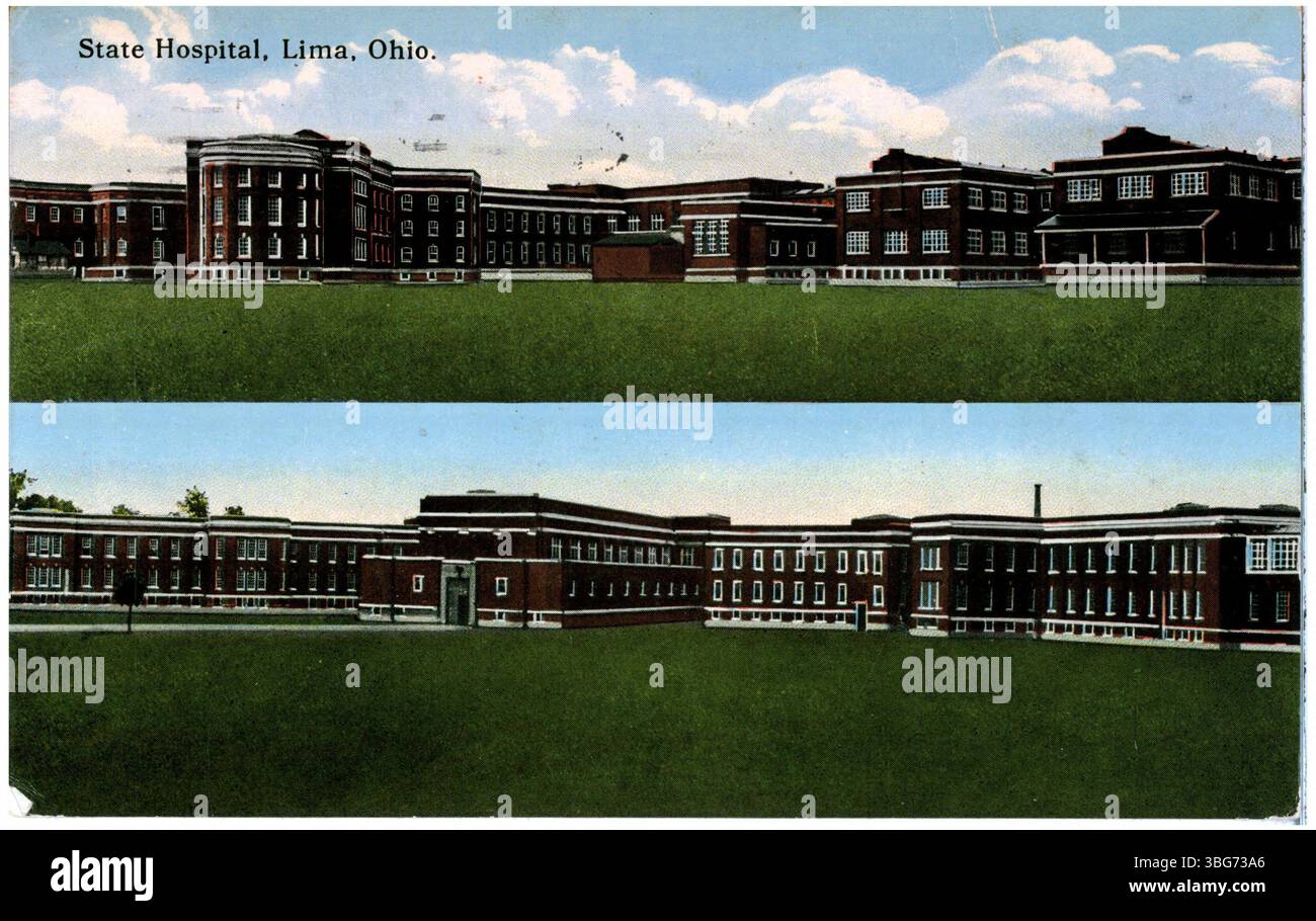 A 1914 color print featuring two views of the large, two-story State ...