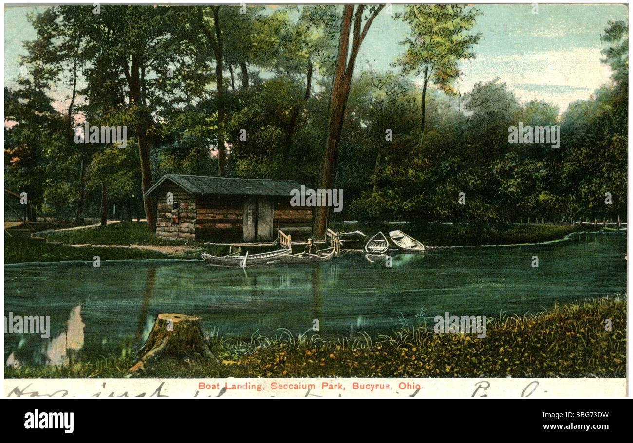 This early 1901 color photograph shows a boat landing at Seccaium Park ...