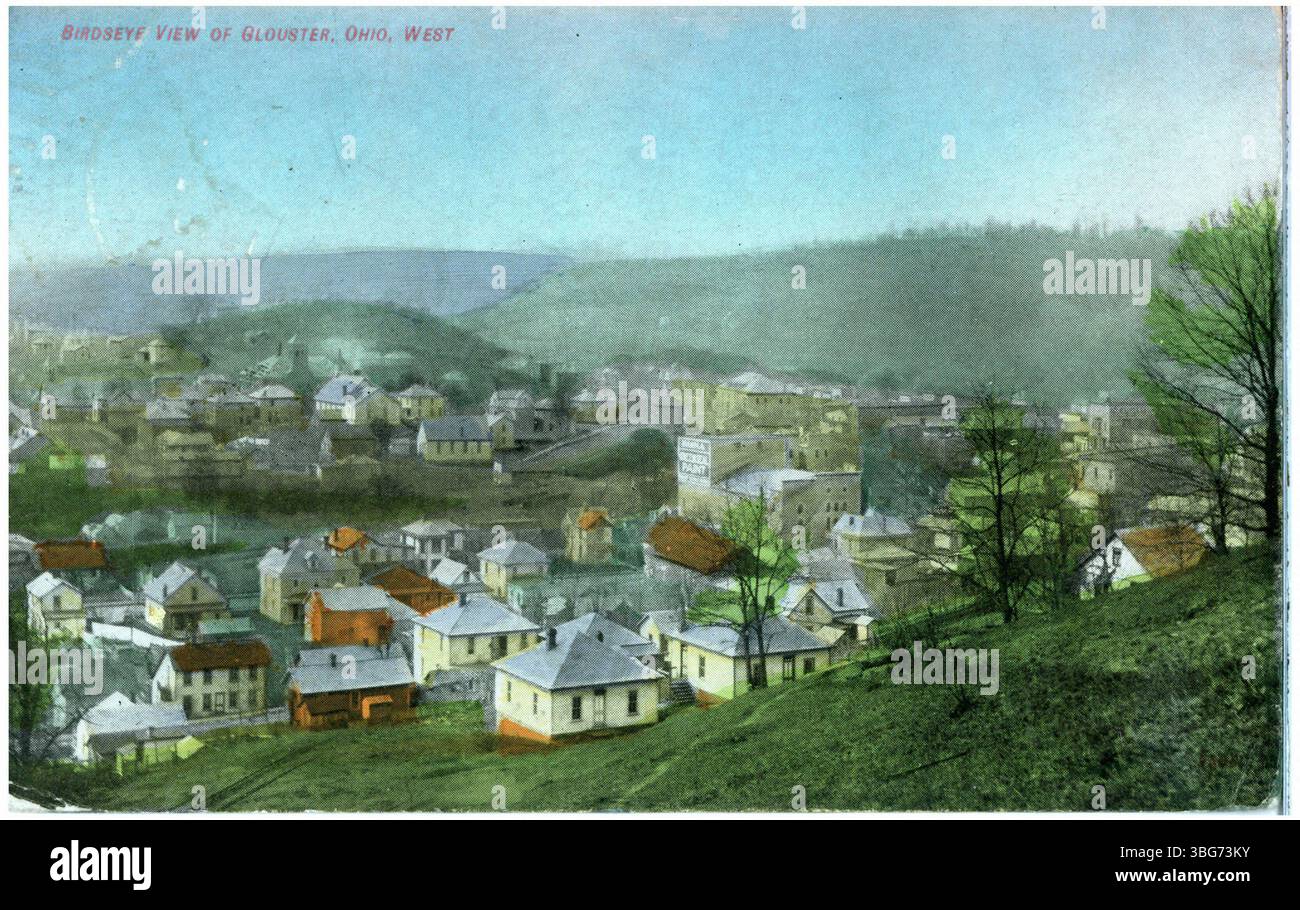 This 1910 color postcard offers a bird's-eye view of Glouster, Ohio ...