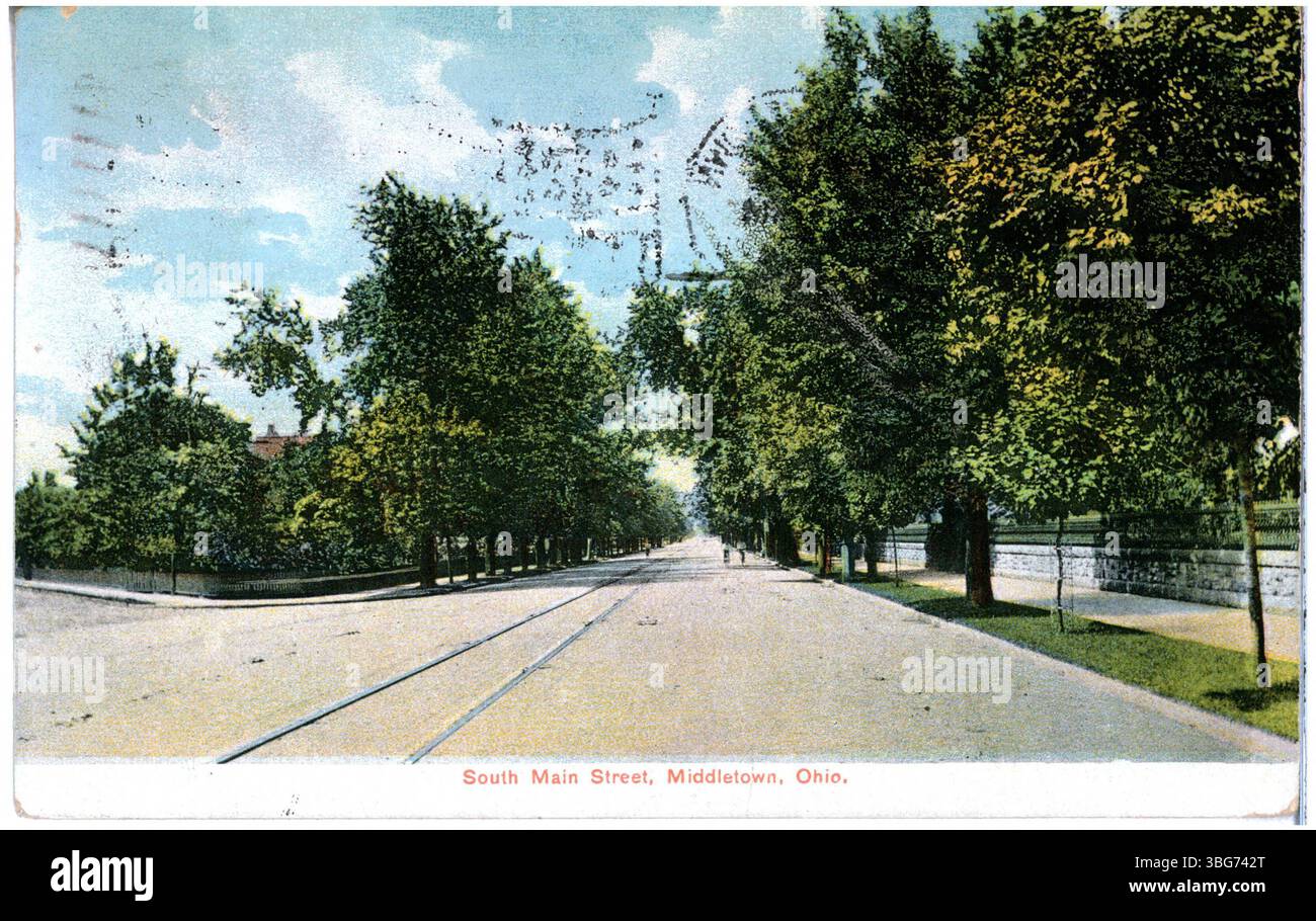 A 1908 colored print of South Main Street in Middletown, Ohio, showing ...