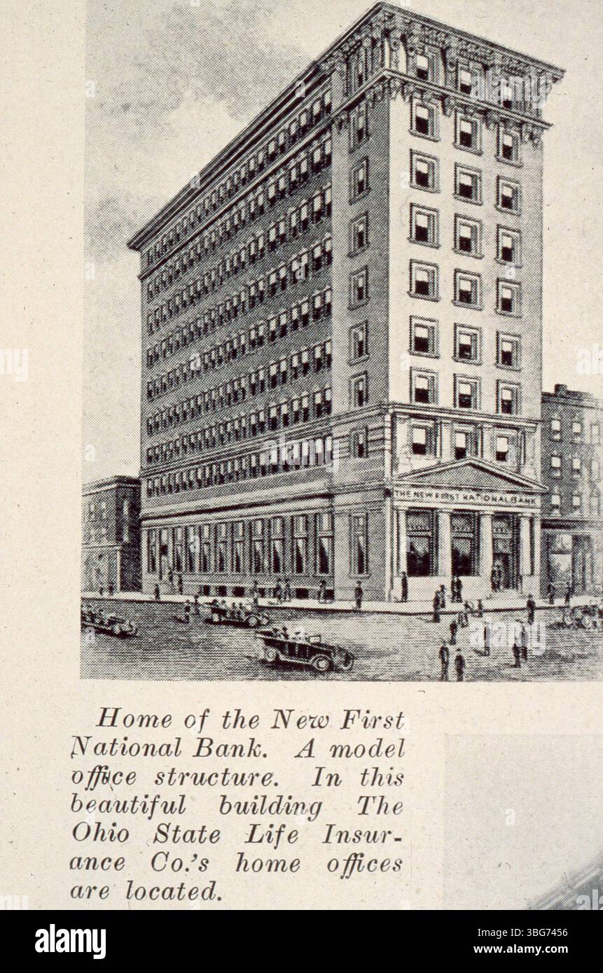 A sketch of the New First National Bank, showcasing the architectural ...