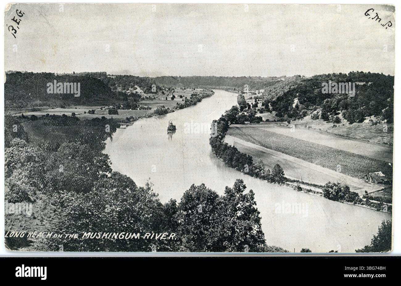 Black and white postcard showing the Muskingum River at Long Reach near ...