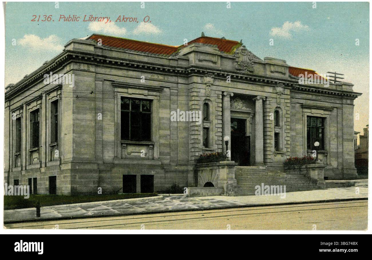 This color postcard shows the public library in Akron, Ohio. Funded by ...