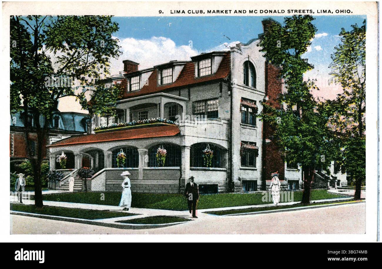 A 1921 color print shows the Lima Club building located at the ...