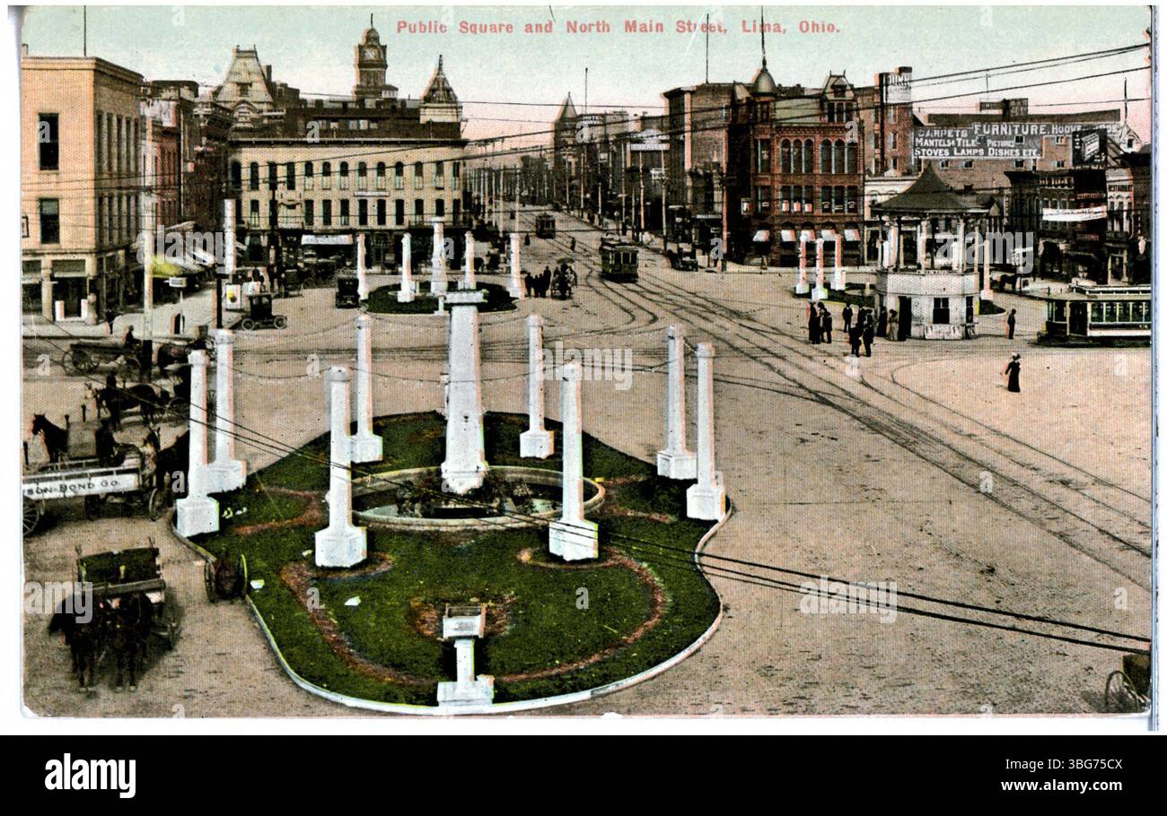 A 1911 color photograph showing the north side of Public Square in Lima ...