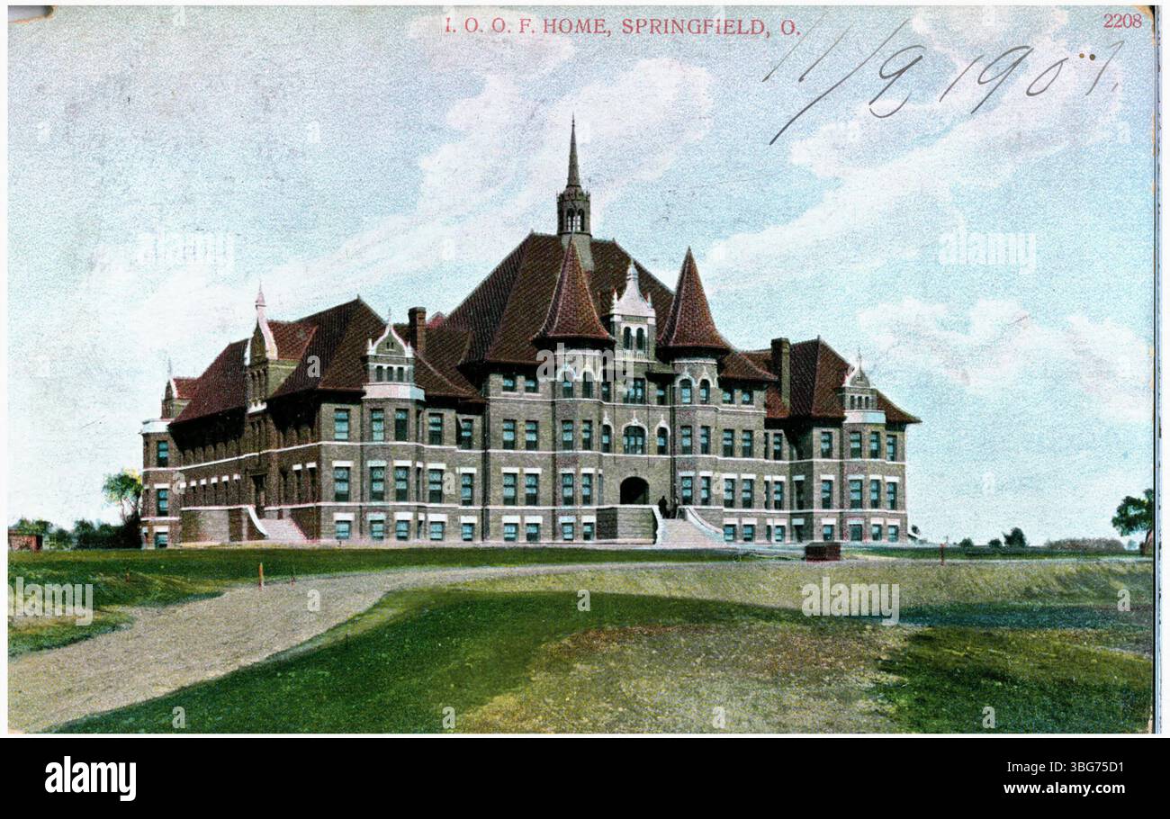 A 1907 colored print of the International Order of Odd Fellows home in ...