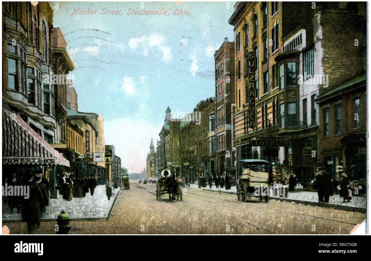 This colored print from 1909 depicts Market Street in Steubenville ...