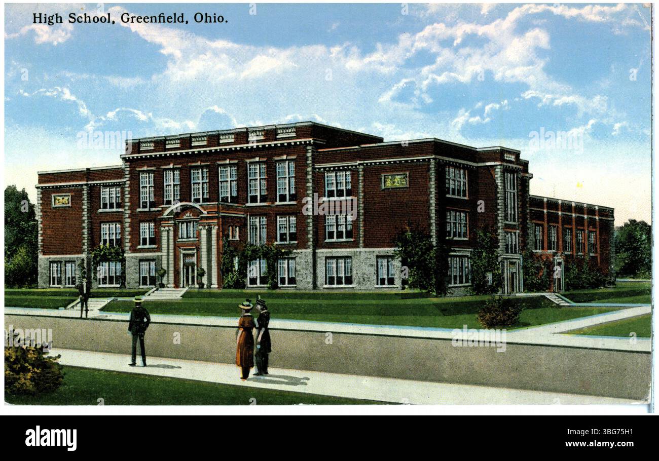 A color postcard from Greenfield, Ohio, featuring the high school ...