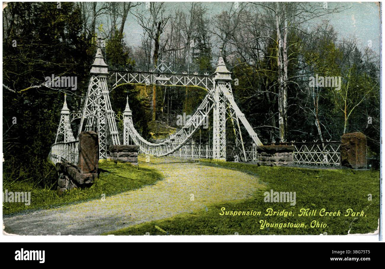 A 1910 colorized view of the suspension bridge in Mill Creek Park ...