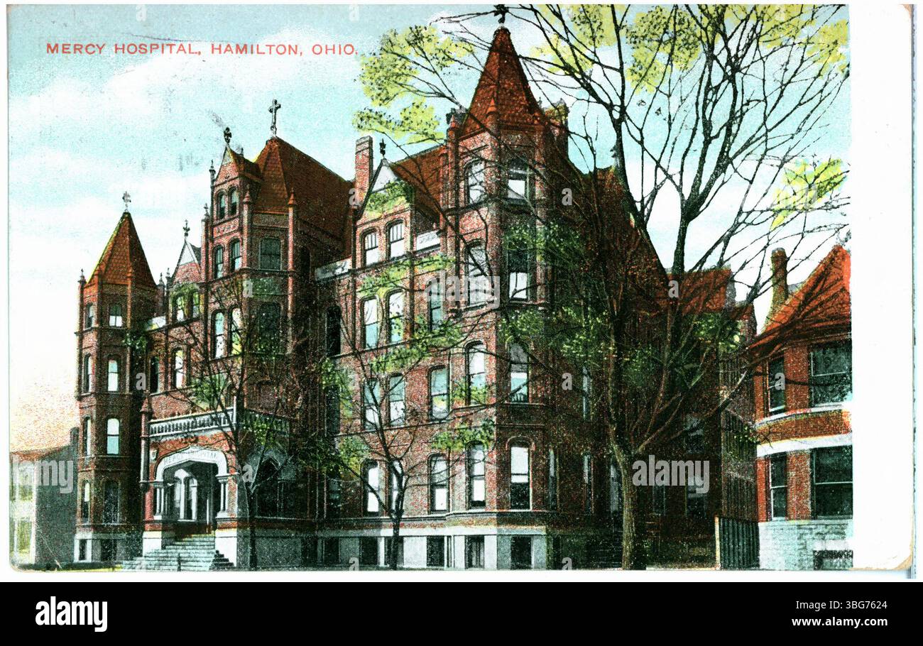 A view of Mercy Hospital in Hamilton, Ohio, taken in 1907, showing the ...