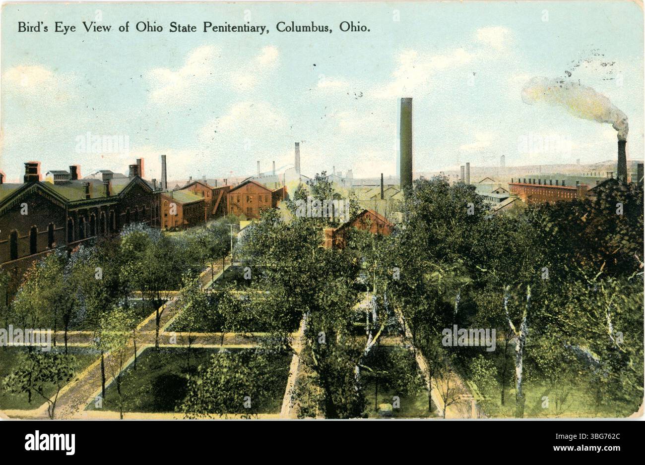 This color postcard shows an aerial view of the Ohio State Penitentiary ...