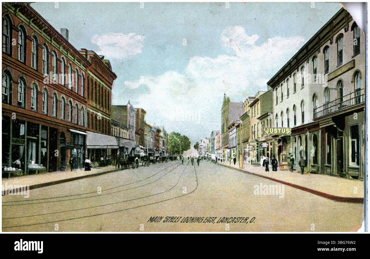 A color print of Main Street in Lancaster, Ohio, looking east. The ...
