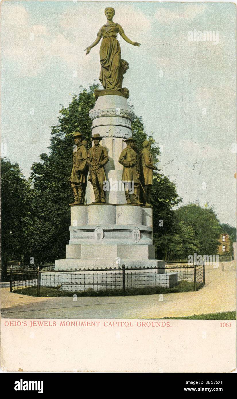 A color postcard depicting the Ohio's Jewels Monument on the Ohio ...