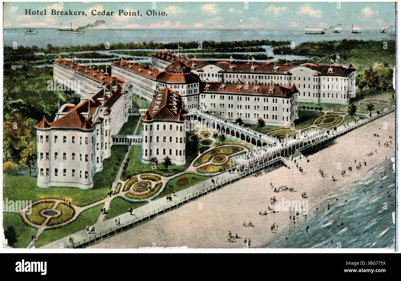 This aerial photo from 1911 shows Hotel Breakers at Cedar Point, Ohio ...