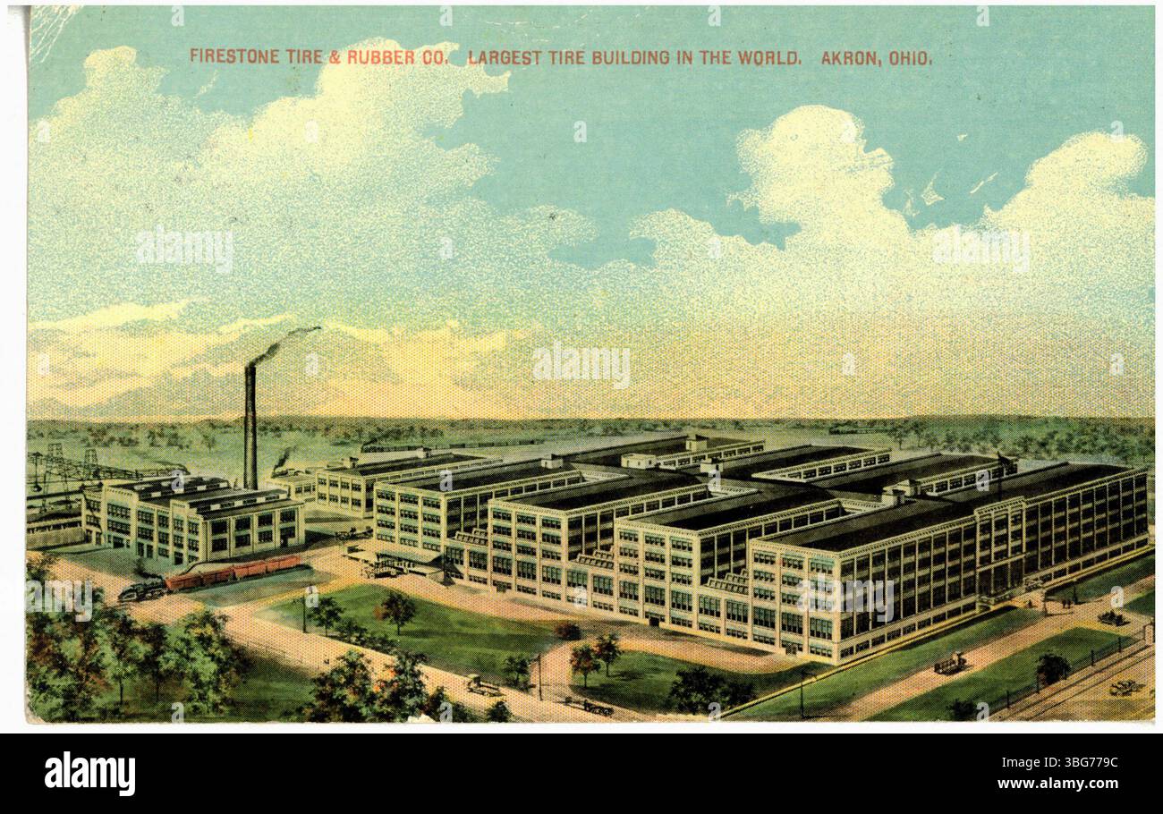 A color postcard from the early 1900s depicts the Firestone Tire and ...