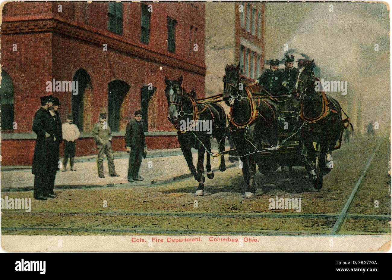Color postcard showing the Columbus Fire Department in action ...
